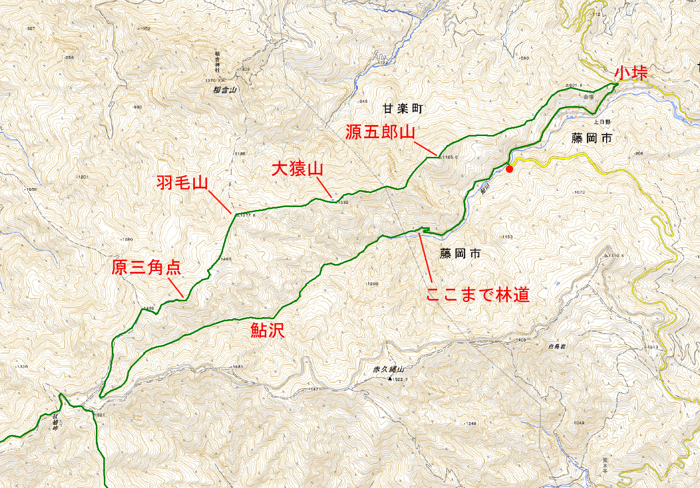 西上29*M 会場から鮎沢遡行、原三角点経由で小垰 13.8km 7.0h [4-10] - 山と無線